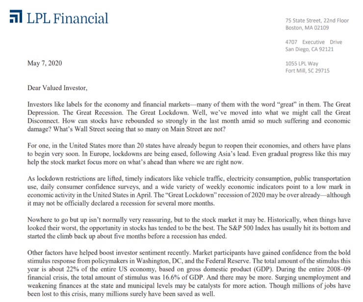 Client Letter | To Go But Up | May 7, 2020 - Romero Wealth Management