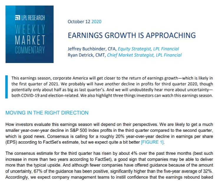 Earnings Growth is Approaching|Weekly Market Commentary|October 12 ...