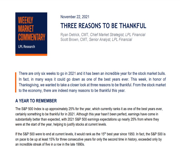 Three Reasons To Be Thankful | Weekly Market Commentary | November 22 ...